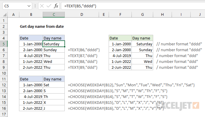 Get Day Name From Date Excel Formula Exceljet